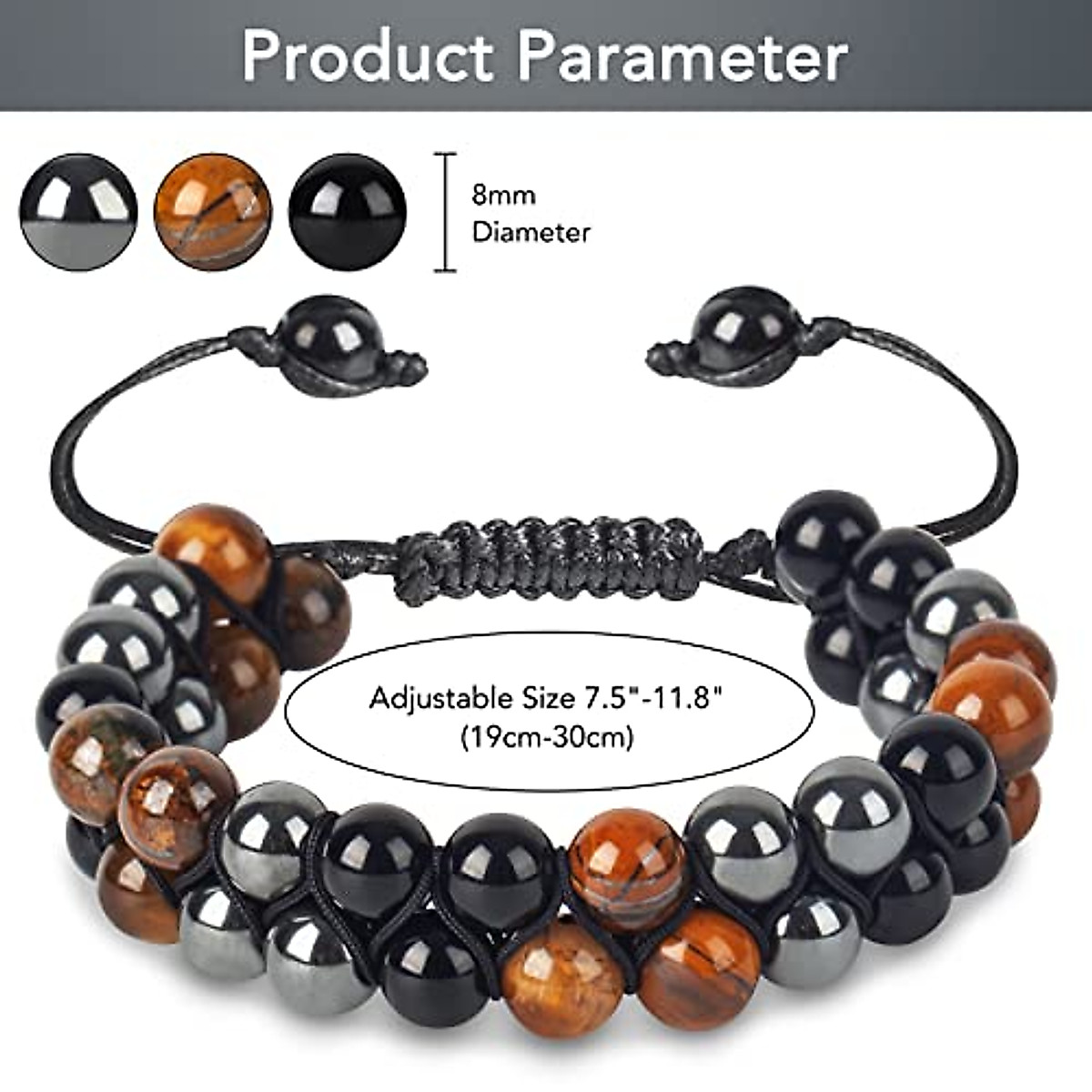 Verybegin Handmade Bracelet, Protection Bracelet, 8mm Beads of Natural Black Hematite and Yellow Tiger Eye and Black Agate Stone Bracelet, Bring Luck and Prosperity and Happiness