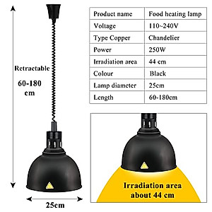 JIAWANSHUN Food Warmer Lamp Food Heat Lamp Warmer Bulb 250W Commercial Food Warmer Adjustable Hanging Food Heat Lamps Heating Lamp Restaurant Food Service Food Warming Pizza Warmer (Black) 110V