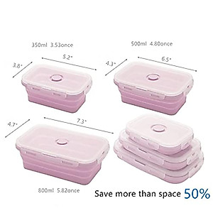 Set of 3 Collapsible Silicone Food Storage Container, Leftover Meal box For Kitchen, Bento Lunch Boxes, BPA Free, Microwave, Dishwasher and Freezer Safe, Foldable Thin box Design (Pink)