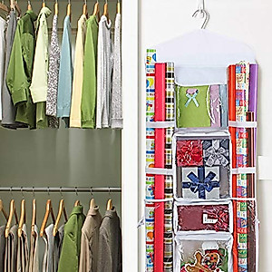 ProPik Hanging Double Sided Wrapping Paper Storage Organizer With Multiple Front And Back Pockets Organize Your Gift Wrap & Gift Bags Bows Ribbons 40”X17 Fits 40 Inch Rolls (White)