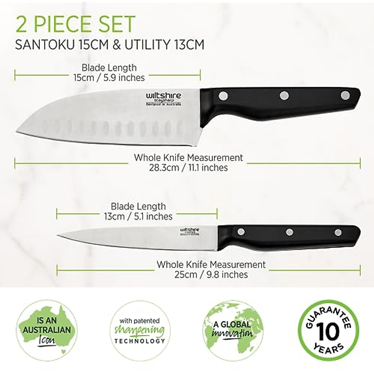 Wiltshire Staysharp Triple Rivet Duo Set Santoku & Utility Knife 2pc, Knives Built-In Sharpener,Sharp At All Times, Lifetime Performance, Slim Scabbard, Ergonomic Triple Rivet Handle, 10Year Guarantee