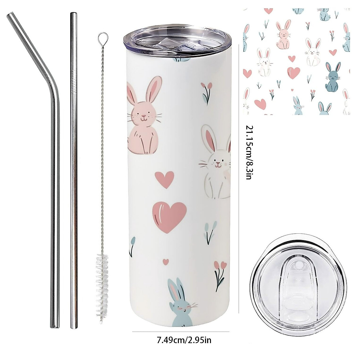 Tumbler with Lid and Straw Cartoon Love Rabbit Thermos Coffee Travel Mug Cute Cups 20 oz Insulated Tumbler for Daily Holiday Decor Gift Coffee Cup