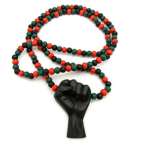 Hip Hop Rising Fist Pendant 8 mm 24, 27, 30 inches Wooden Bead Necklace (Multi Beads, 36)