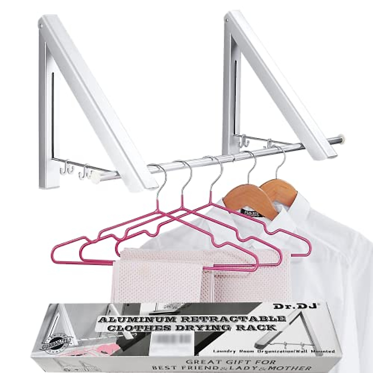 Dr.DJ Retractable Clothes Rack-Laundry Room Drying Rack Wall Mounted Clothes Hanger Foldable, Wall Mount, Folding Clohes Wall Hanger Home Storage Organizer, Aluminium, 2 Racks with Rod (Silver)