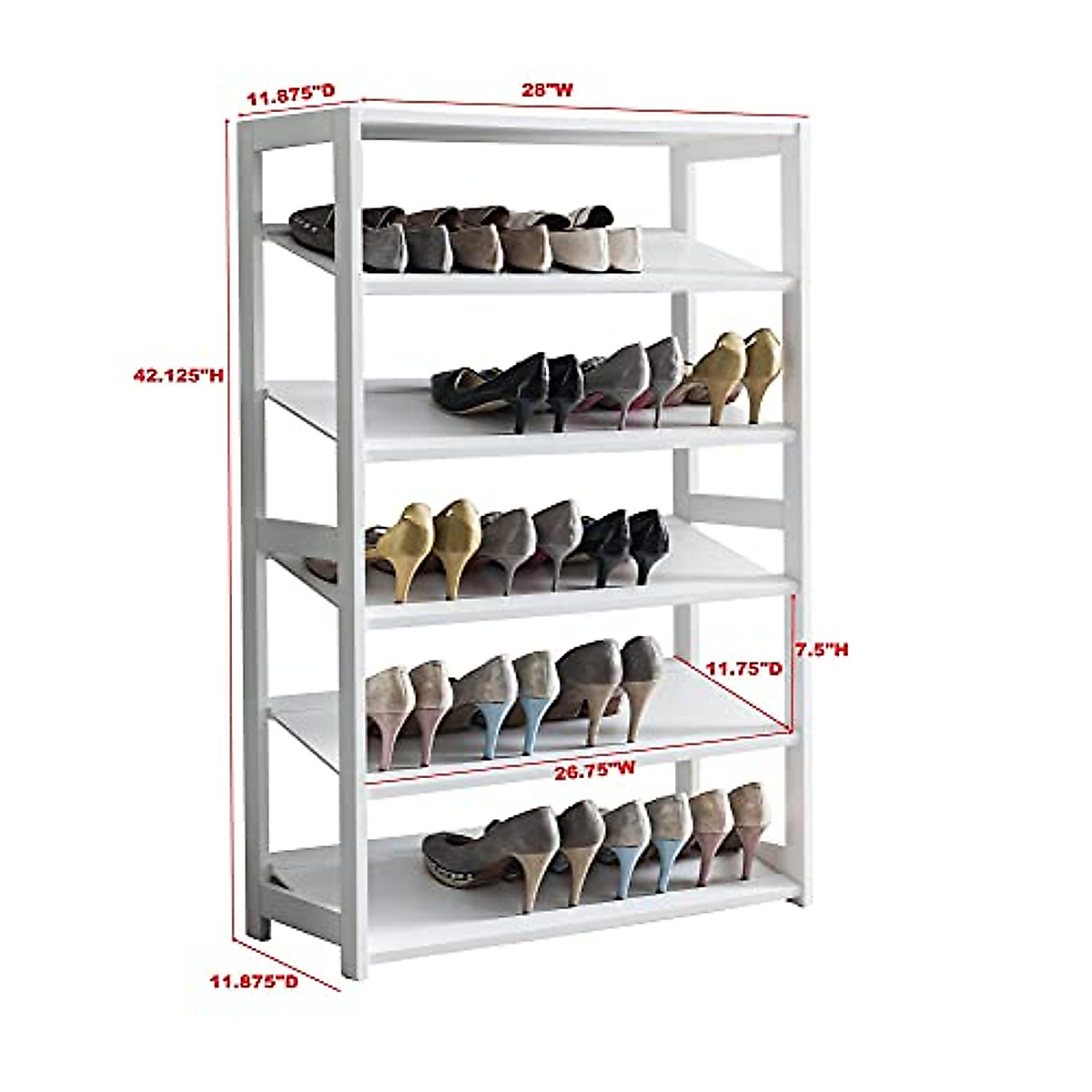 Pilaster Designs Contemporary 5 Tier Higgins Racks Free Standing Shoe Storage Organizer, White Wood