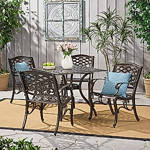 Christopher Knight Home Hallandale Outdoor Sarasota Cast Aluminum Square Dining Set, 5-Pcs Set, Hammered Bronze