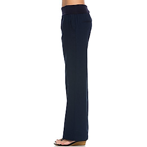 Poplooks Women's Comfy Fold Over Linen Pants (Medium, Navy)