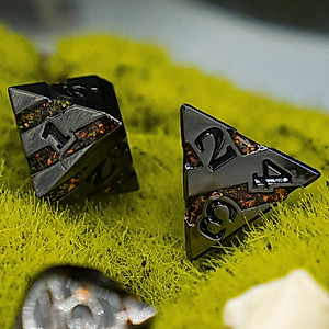 TINY GREMLIN Metal Dice of Dwarven Mining - Dungeons and Dragons Dice - Orange Glitter with Antique Nickel Metal Swirl with Black Font