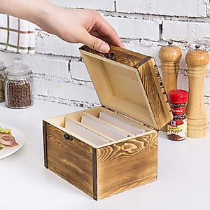 MyGift Rustic Burnt Wood Recipe Card Box with Divider, Wooden Recipe Holder Organizer Chest with Leatherette & Brass Accents - Holds 4 x 6 Cards