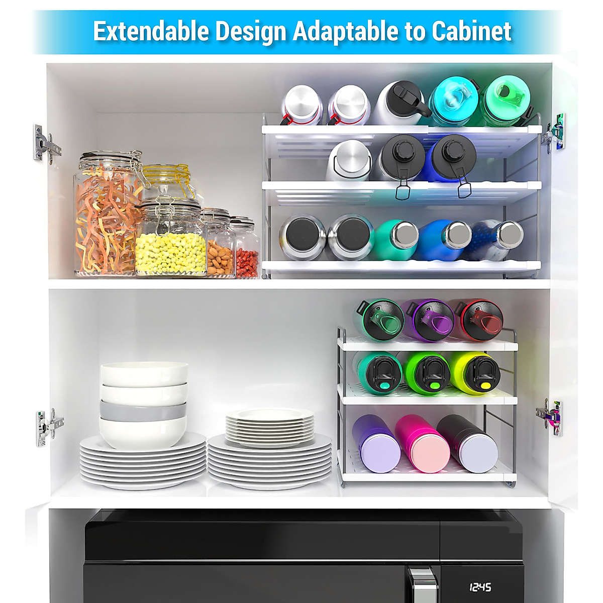 YAN & HIN 15 Bottles Cabinet Organizer Extendable Kitchen Cabinet Organizer with Adjustable Height, 3-Tier Water Bottle Holder, Pantry Pantry Organizers Cup Rack for Cabinet