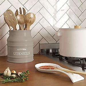 Barnyard Designs Ceramic Farmhouse Utensil Holder for Kitchen Counter, Large Rustic Utensil Crock, Countertop Cooking Tool Spatula Organizer, 6.75” (Taupe)