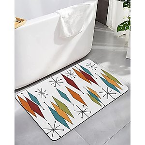 European Bath Mat for Bathroom Rugs Non Slip, Bath Mat Quick Dry Absorbent Bath Rug, Thin Rubber Backed Easy to Clean, Retro Middle Century Geometric Red Orange Diamond 16"x24"