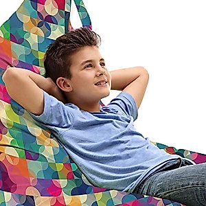 Lunarable Vintage Modern Lounger Chair Bag, Intertwined Circles Pattern with Checkered Squares Rainbow Colored Design, High Capacity Storage with Handle Container, Lounger Size, Multicolor