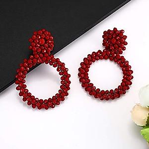 ZITULRY Statement Drop Earrings for Women Drazy Beads Dangle Earrings Wrapped Beads Earrings (Red)