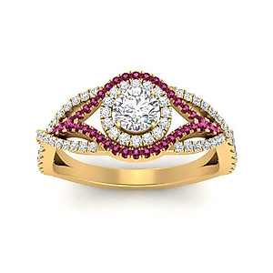 Jewelrygift Round Twisted Pave Double Halo Diamond Ring Yellow Gold Plated Created Pink Sapphire Round Shape Pink Color Double Halo Engagement Ring Prong Setting in Size 4