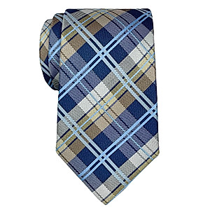 Retreez Elegant Plaid Check Woven Microfiber Men's Tie - Navy Blue and Khaki