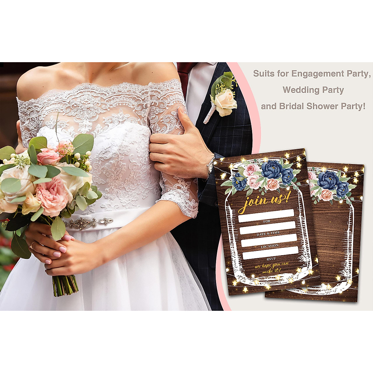 Rustic Wood Bridal Shower Invitations, Pink Floral Bridal Shower Party Invites Cards for Engagement Party, Wedding Party, Bridal Shower Party, Set of 25 Invitations & 25 Envelopes (A08)