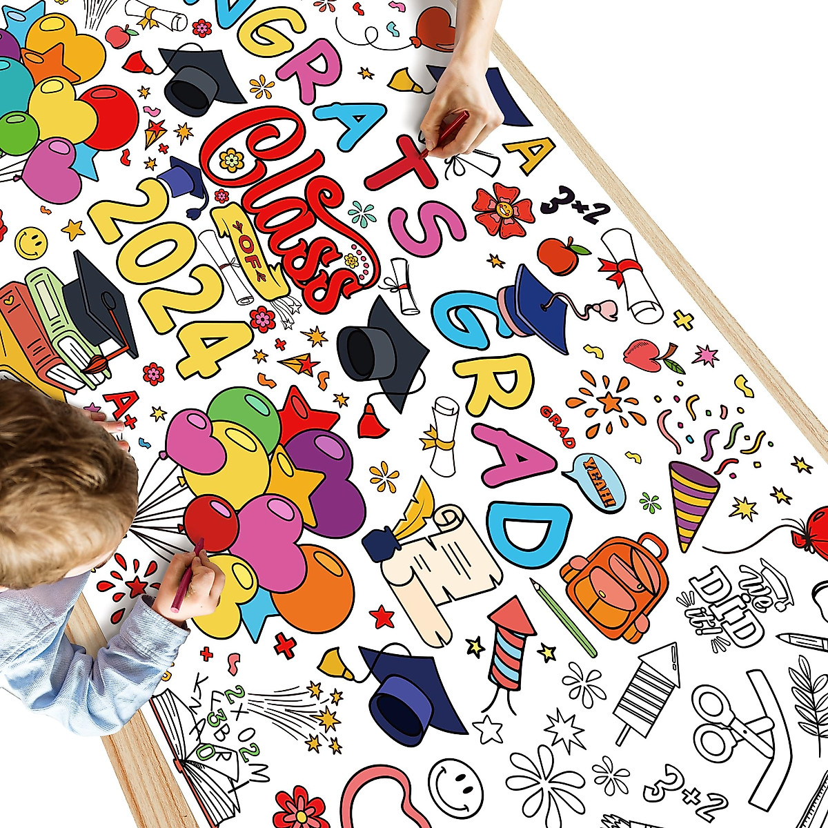 OHOME Graduation Giant Coloring Poster/Tablecloth - Kindergarten Graduation Gifts - 30 x 72 Inches Jumbo Coloring Banner Kids Crafts Games,Kindergarten Graduation Decorations for 5th Grade Preschool