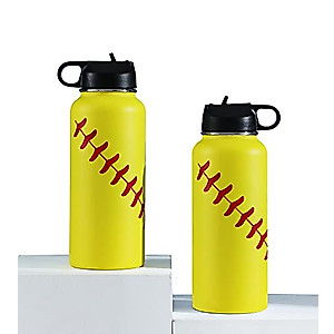 32 oz Baseball Sports Water Bottle Insulated 2 Lids Straw Travel Tumbler Durable Stainless Steel Vacuum Bottle (Yellow)
