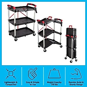 Collapsible Cart - Portable and Lightweight Folding Service Cart with 50lb Capacity Per Shelf - Multi Use Foldable Cart with Wheels by Stalwart