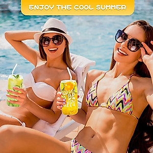 veecom Glass Cups with Lids and Straws, 4pcs Set Boho Printed Drinking Glasses with Bamboo Lids, 16oz Iced Coffee Cup with Lids, Cute Glass Coffee Cups Tumbler for Coffee, Smoothie, Boba