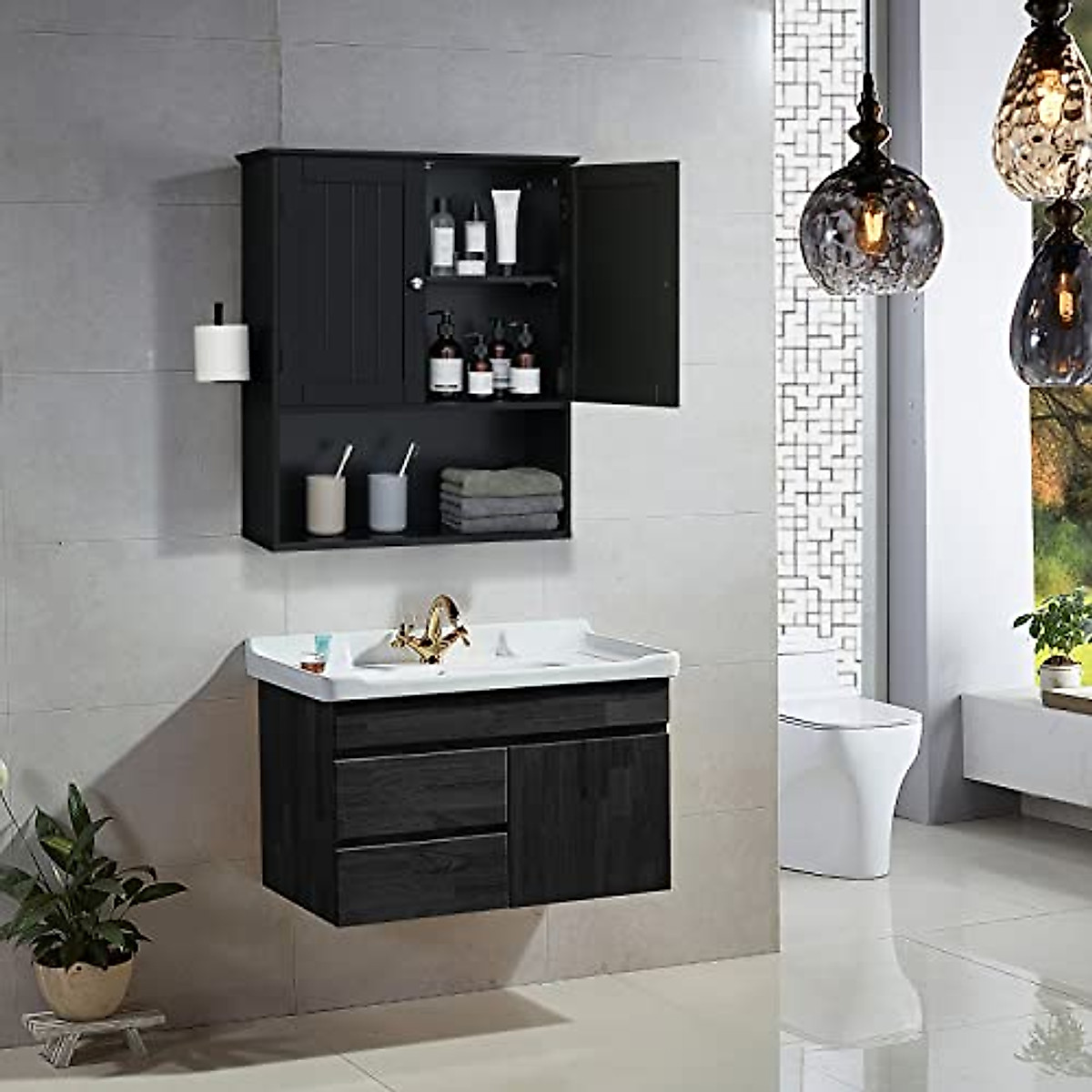 Iwell Bathroom Cabinet Wall Mounted with 2 Shelf & Toilet Paper Holder, 23.6''L*8.9''W*27.9''H Medicine Cabinet, Double Doors for Bathroom, Over The Toilet Space Saver Storage Cabinet, Black