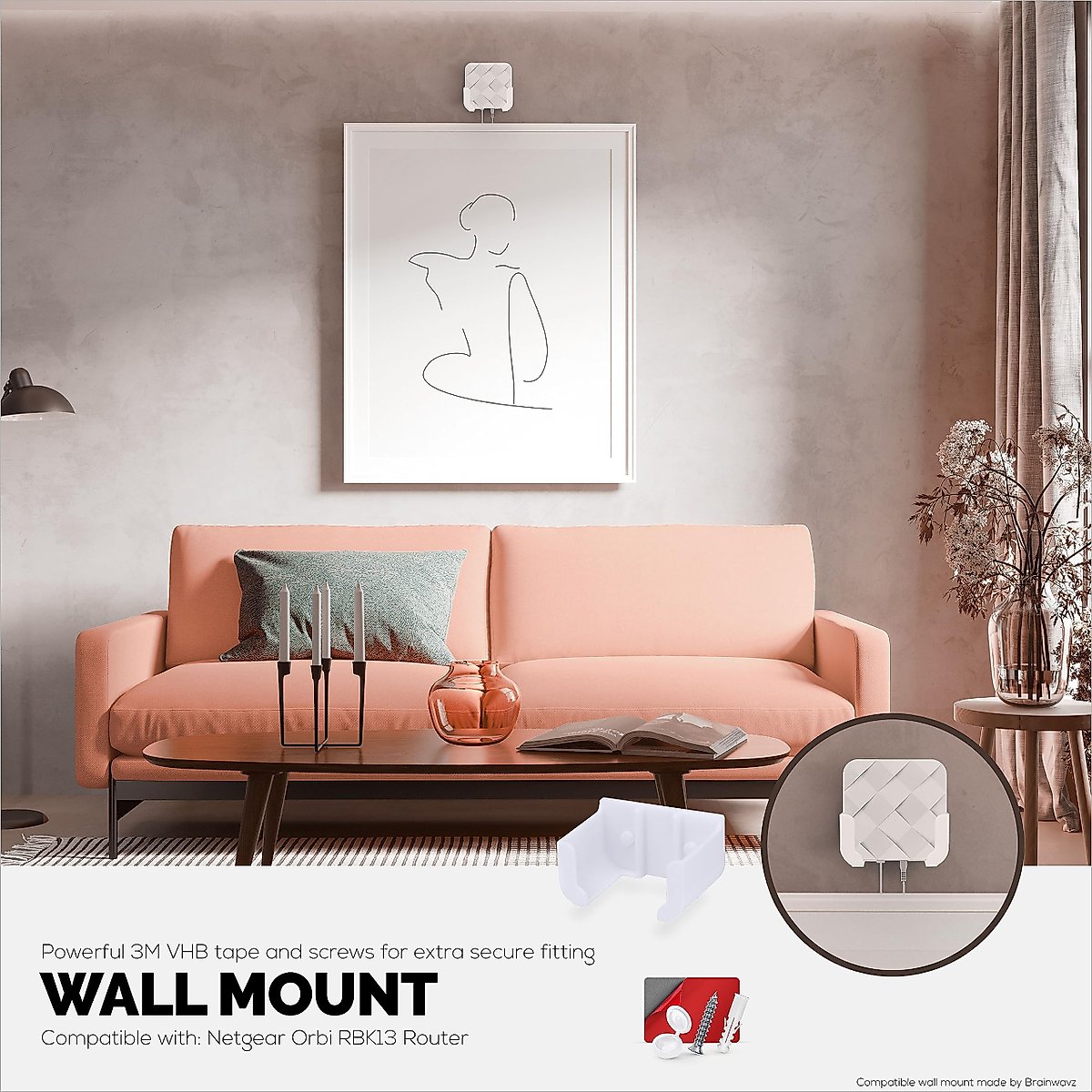 Adhesive Wall Mount for Netgear Orbi RBK13 Router, Strong VHB Adhesive, Easy to Install, Reduce Interference & Increase Range, Stick On & Screw-in Mounting by Brainwavz