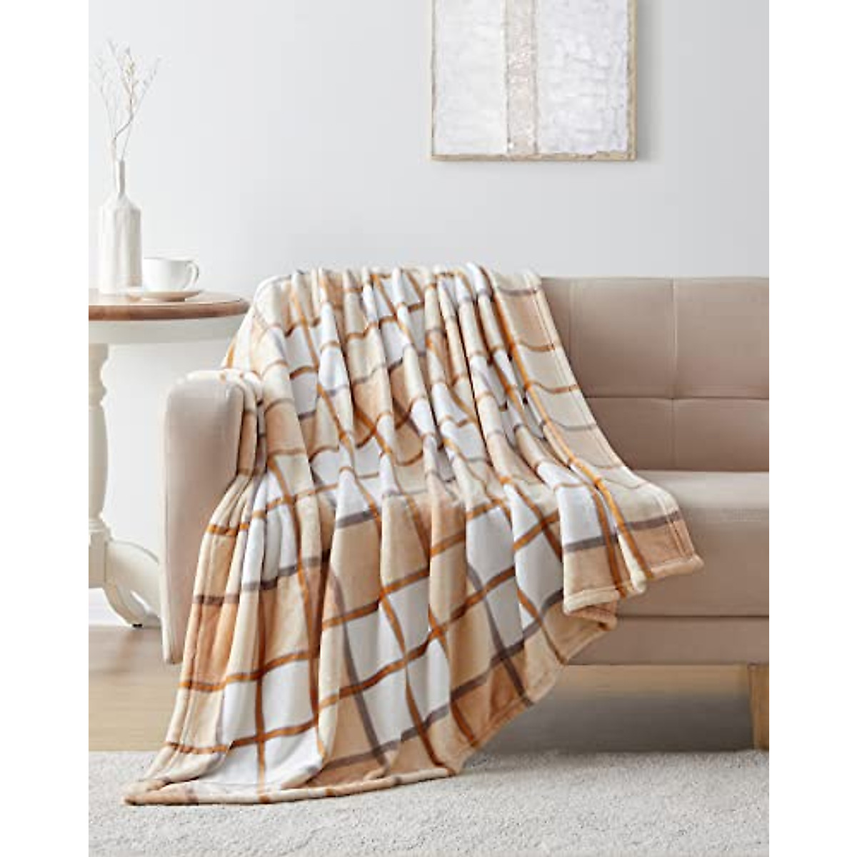 Tahari Home - Throw Blanket, Soft & Cozy Bedding, Stylish Home Decor for Bed or Couch, Michael Plaid Tan, Oversized Throw
