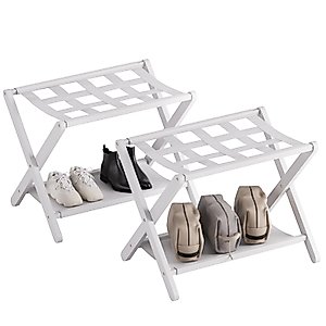 HITNET White Luggage Rack, Set of 2, Folding Suitcase Stand with Storage Shelf, Bamboo Luggage Holder with 5 Nylon Straps for Guest Room Bedroom Hotel
