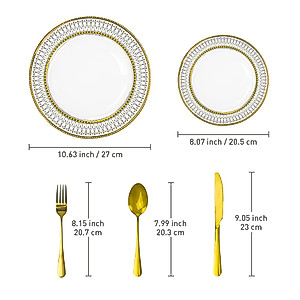 DUEBEL 4-Person Dinner Service Set, Includes 4 Ceramic Dinner Plates and 4 Ceramic Salad Plates with Gold Rim, 4 Cutlery Set for 4 Persons, Modern & Stunning Design