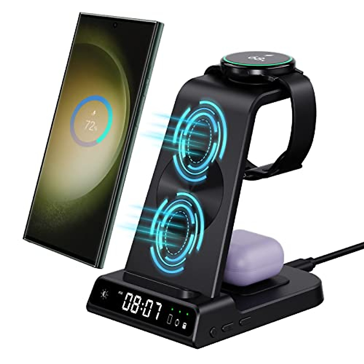 Lopnord Wireless Charger for Samsung Galaxy S23 Ultra, 3 in 1 Samsung Charging Station for Multiple Devices with Clock for S22 Ultra S21 Z Fold 4, Charging Dock for Galaxy Watch 5, Galaxy Buds 2 Pro
