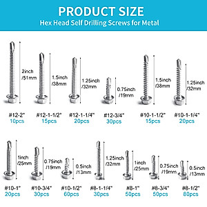 Trivd Frol 410 Stainless Steel Self Tapping TEK Screws Assortment,430 pcs #8#10#12 Hex Head Self Drilling Screws for Metal, Length 1/2" to 2"