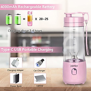 Portable Blender Personal Size Blender for Shakes and Smoothies 4000mAh Rechargeable Mini Travel Blender with 3D Six Blades 13.5Oz Fruit Mixer Cup for Home, Sports, Outdoor (Pink)