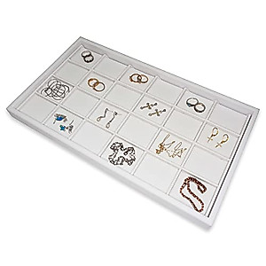 CuteBox Company Black Plastic Tray (14.75” x 8.25” x 1”) with 24 Compartments White Wooden Tray Insert for Jewelry Storage, Organization, Merchandise, Display