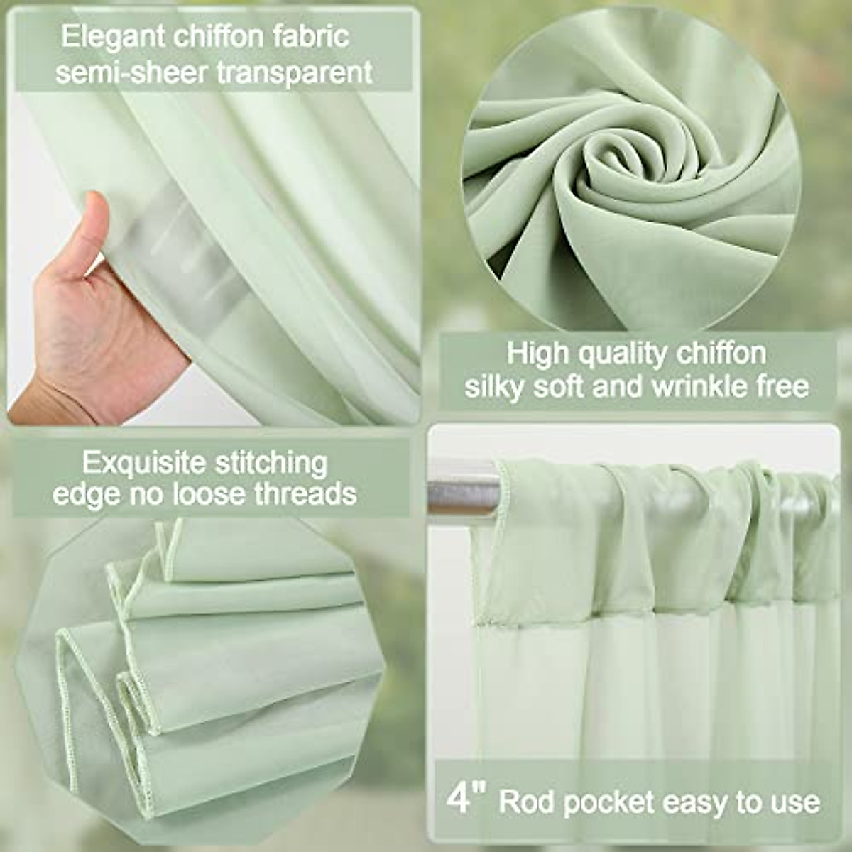 Sage Green Backdrop Curtains for Parties, 10ft x 7ft Wrinkle-Free Sheer Chiffon Fabric Party Curtain Drapes for Wedding Birthday Party