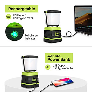 LED Camping Lantern Rechargeable, Consciot Camping Lights, 1000LM, 4 Light Modes, 4400mAh Power Bank, IPX4 Waterproof, Dimmable Tent Lights for Emergency, Power Outages, USB C Cable Included, 2 Pack