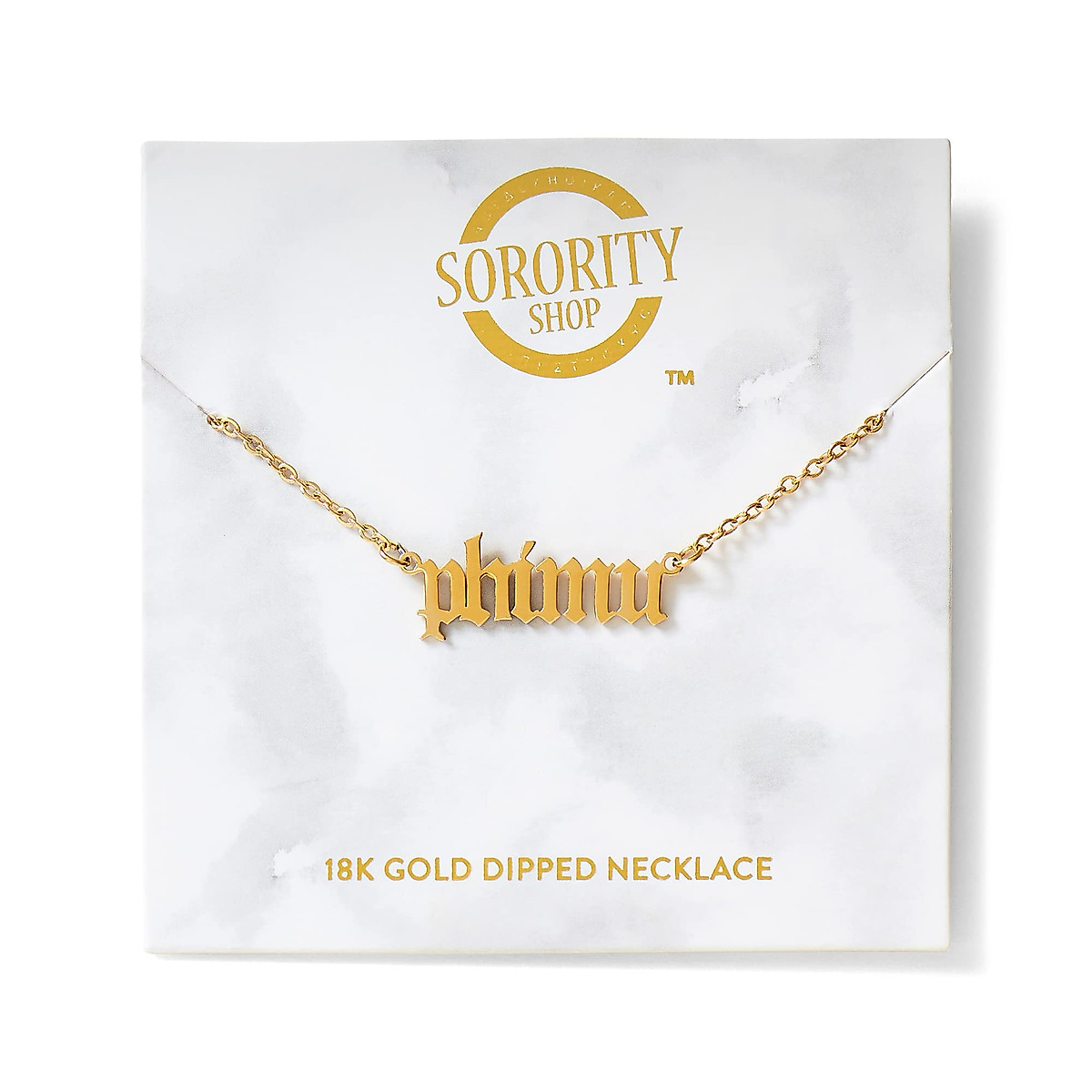 Sorority Shop Phi Mu Necklace — PM Old English Font Design, 18K Gold Plated, Phi Mu Gifts for Women
