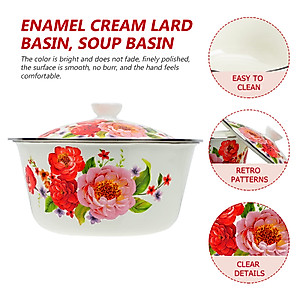 DOITOOL Vintage Enamel Basin Large Retro Enamel Bowl Flower Printed Cooking Pot Tureen Pot with Lid Kitchen Accessories