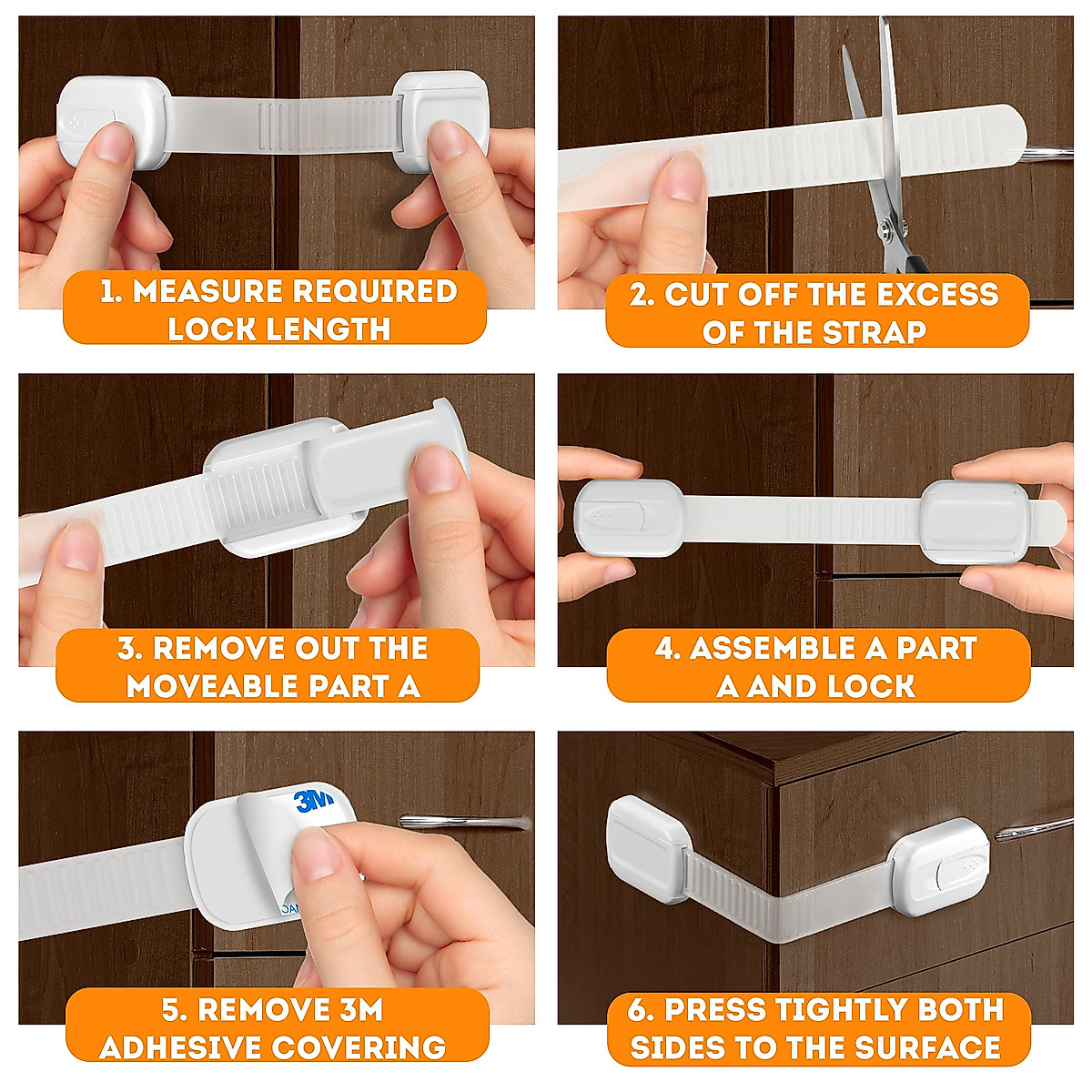 Baby Safety Cabinet Locks (6 Pack + 4 Guards) 3M Adhesive Child Proofing Latches, to Baby Proof Cupboard, Drawers, Fridge, Toilet Seat, Dishwasher, Adjustable Kids Proofing Straps