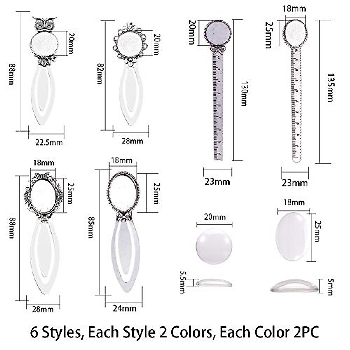 SUNNYCLUE 12Pcs 2 Styles Ruler Bookmark Pendant Tray Kit with 8Pcs Bookmark Cabochon Setting 4Pcs Ruler Cabochon with Clear Oval Round Glass Cabochon for DIY School Office Supplies Book Gifts Making