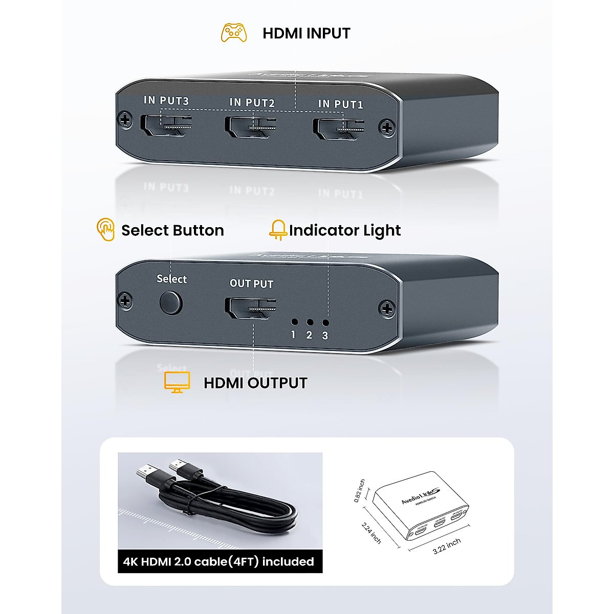 HDMI Switch 3 in 1 Out 4K@60Hz Aluminum Alloy【with 4FT HDMI 2.0 Cable】, avedio links 3x1 HDMI Multi Port Switch, 3 Way HDMI Selector Switcher Support HDCP 2.2, HDR 10, for Fire TV Stick, PS5