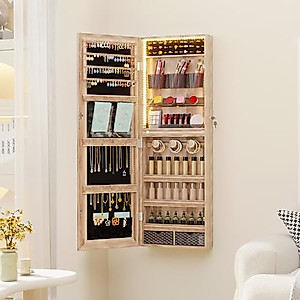 LVSOMT Wall Mount Mirror Jewelry Cabinet with LED Lights, Hanging/Over the Door Jewelry Organizer, Lockable Jewelry Armoire Mirror, Full Length Mirror with Jewelry Storage, Brown