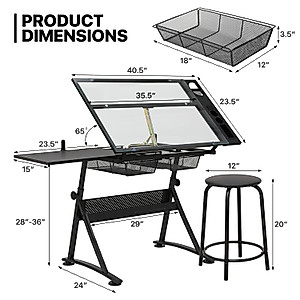 MoNiBloom Adjustable Height Drafting Table with Stool, Modern Style, Tough Glass Top, 28-36 in Length, 19 in Width, 30 in Height, Ideal for Artists, Designers, Office, Studio
