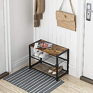 Yusong Shoe Rack, 3 Tier Shoe Organizer Storage for Closet Entryway, Narrow Slim Metal Shoe Shelves with Industrial Wooden Top, Rustic Brown and Black