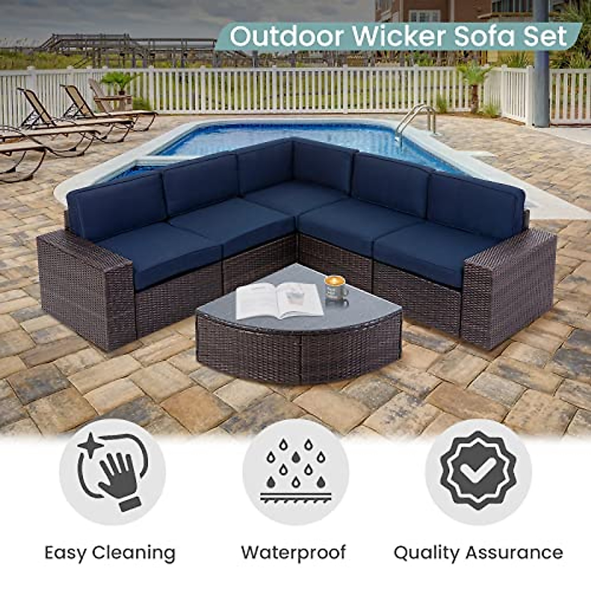 Incbruce 6-Piece Outdoor Furniture Sofa Set, All-Weather Gray Wicker Sectional Couch, Patio Conversation Sets with Glass Coffee Table and Washable Cushions(Navy Blue)