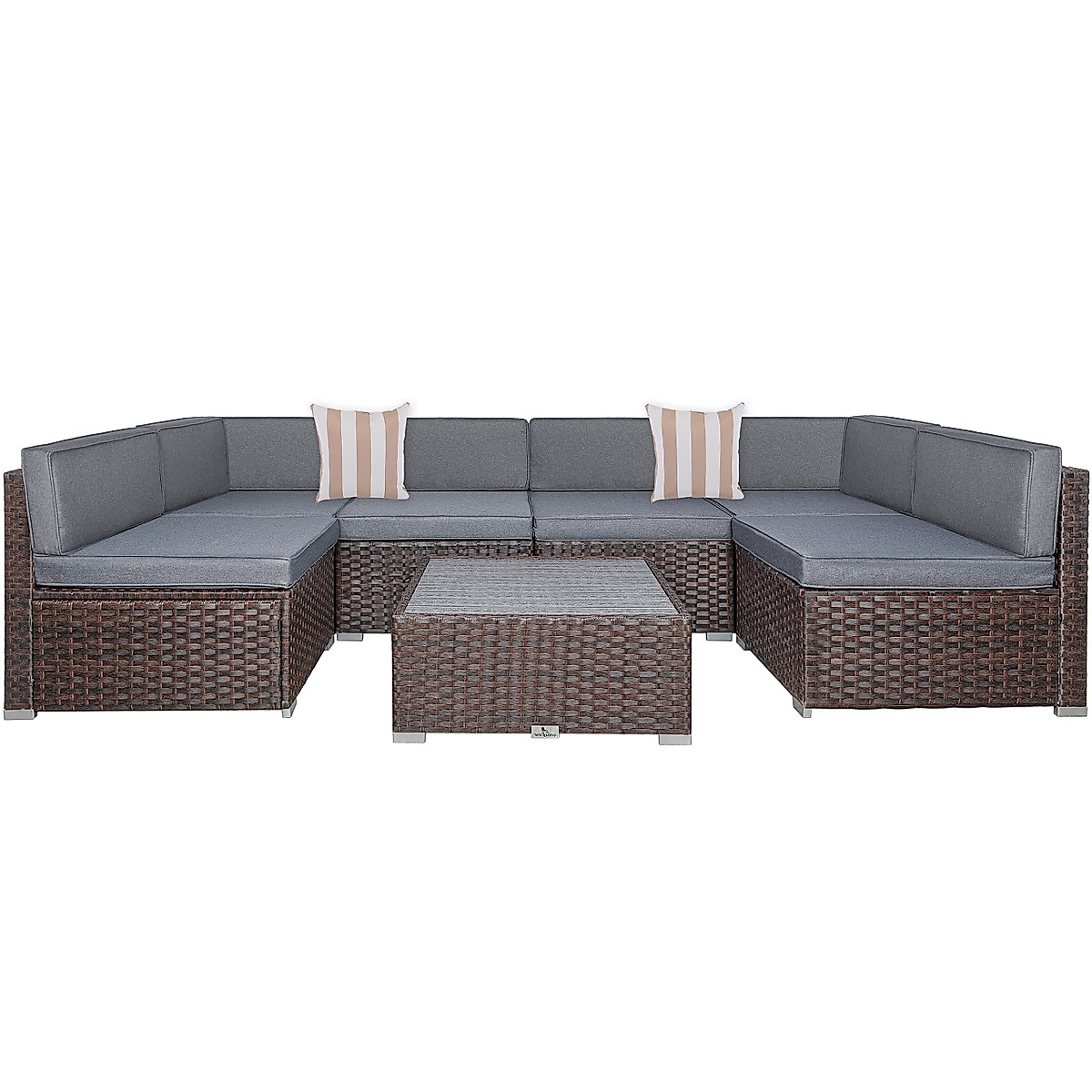7 Piece Outdoor Patio Furniture Set with Cushions, PE Rattan Wicker Modular Outdoor Sectional L Shape Patio Conversation Sofa Set with Coffee Table, and Two Pillows (Dark Brown/Gray)