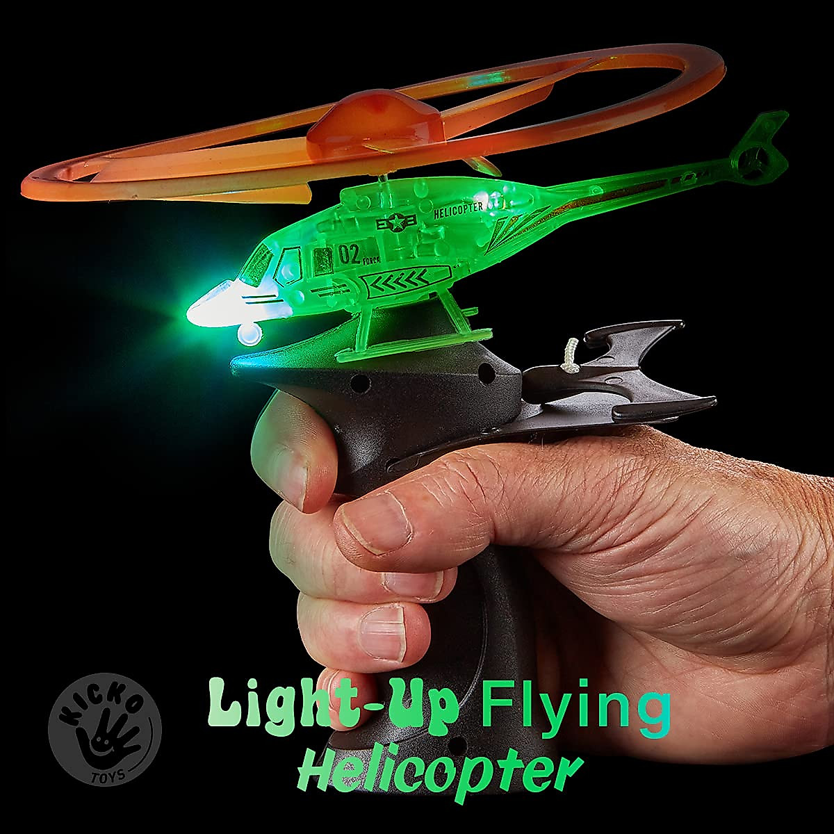 Kicko Flying Light-Up Toy - 2 Pack Ripcord Helicopter for Night Glow, Outdoor Playtime, Novelty, Rocket Flyer, Party Favor and Supply