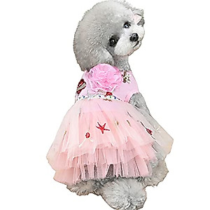 QWINEE Sequin Patch & Flower Decor Dog Dress Cat Puppy Sleeveless Mesh Princess Dress Breathable Soft Bling Pet Tutu Skirt Dresses for Small Medium Large Dogs Cats Kitten Light Pink S