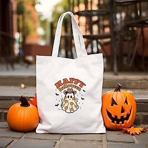 Kazova Halloween Canvas Tote Bag Aesthetic Cute Ghost Tote Bag Funny Cotton Canvas Tote Bag Halloween Shoulder Bag For Women Reusable Grocery Bag Shopping Beach Bag