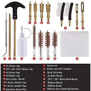 APCHYWELL 18 PCS Handgun Cleaning Kit for.22 .9mm/.357/.38/ .40 .45 Caliber Pistol with Bronze Bore Brush, Brass Jag Adapter, Empty Bottle, Nylon Brushes
